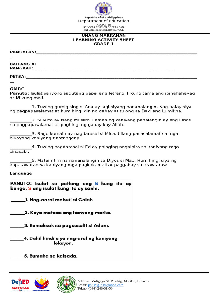 Activity LAS Grade 1 LAS 3 WEEK 5 Friday Sept 6 | PDF