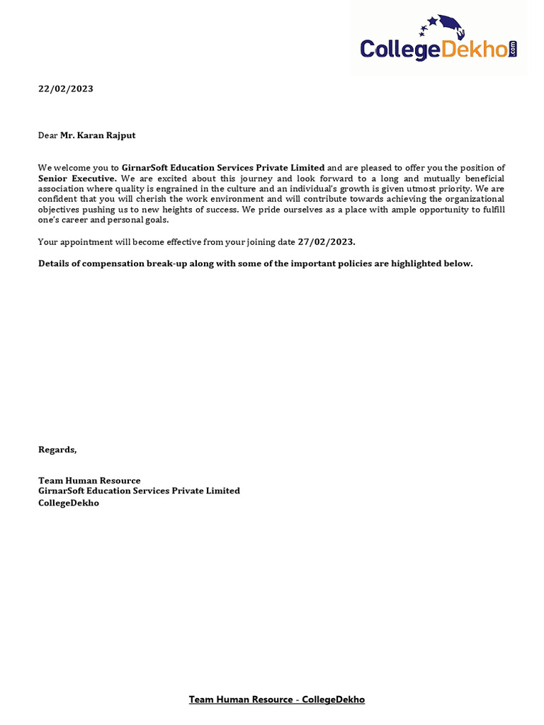 College Dekho Offer Letter - Karan Rajput | PDF | Employment | Salary