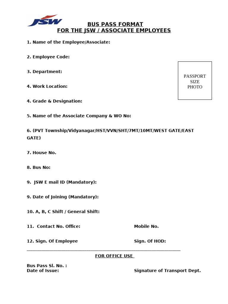 Employee Bus Pass Application Format | PDF