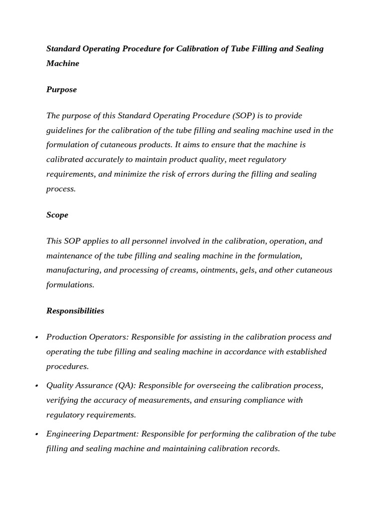 SOP For Calibration of Tube Filling and Sealing Machine | PDF ...