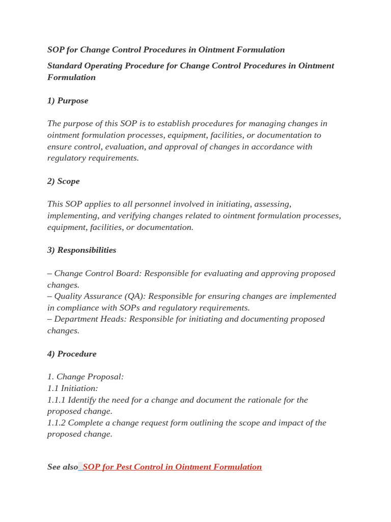 Change Control SOP for Ointment Formulation | PDF | Verification And ...
