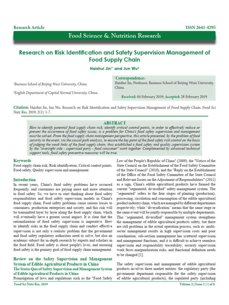 Research on Risk Identification and Safety Supervision Management of Food Supply Chain | PDF ...
