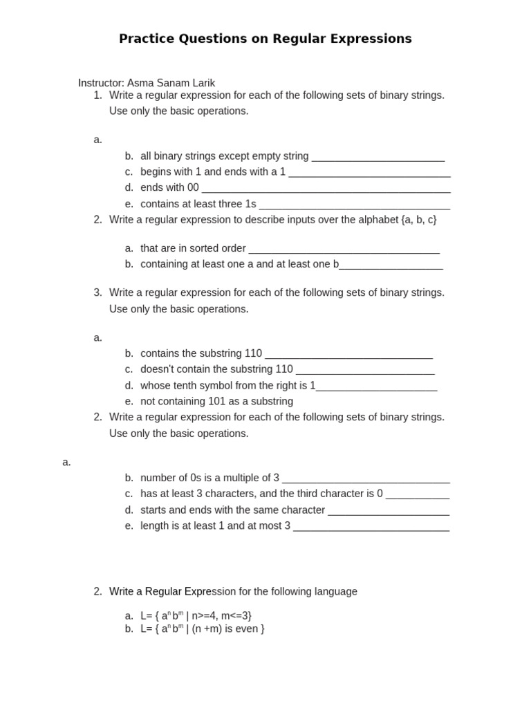 Exercise On Regular Expressions | PDF | String (Computer Science) | Regular Expression