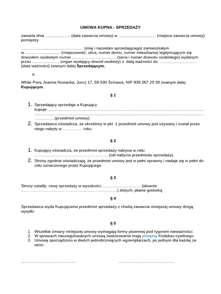 UMOWA KUPNA - SPRZEDAŻY Konia | PDF