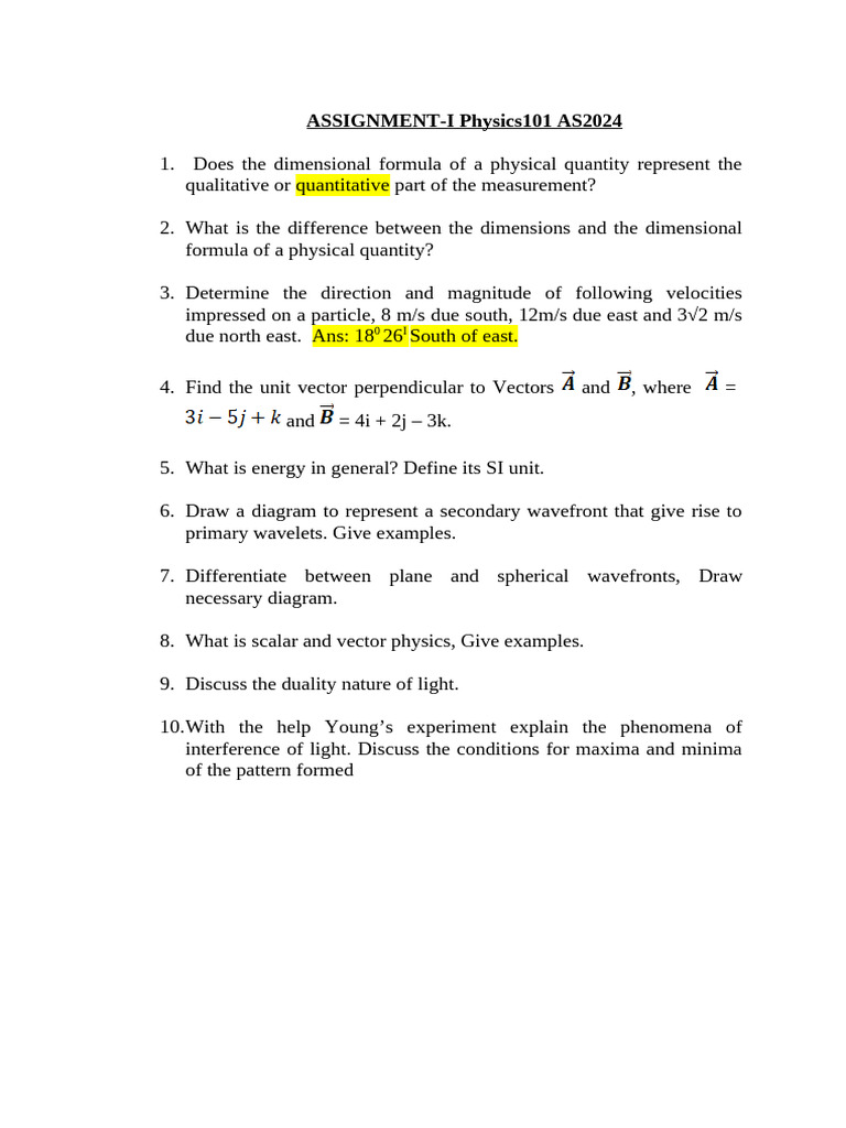 ASssignment 1 Phy101 AS2024 | PDF