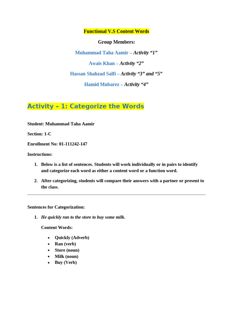 Functional vs. Content Words Assignment | PDF | Verb | Noun