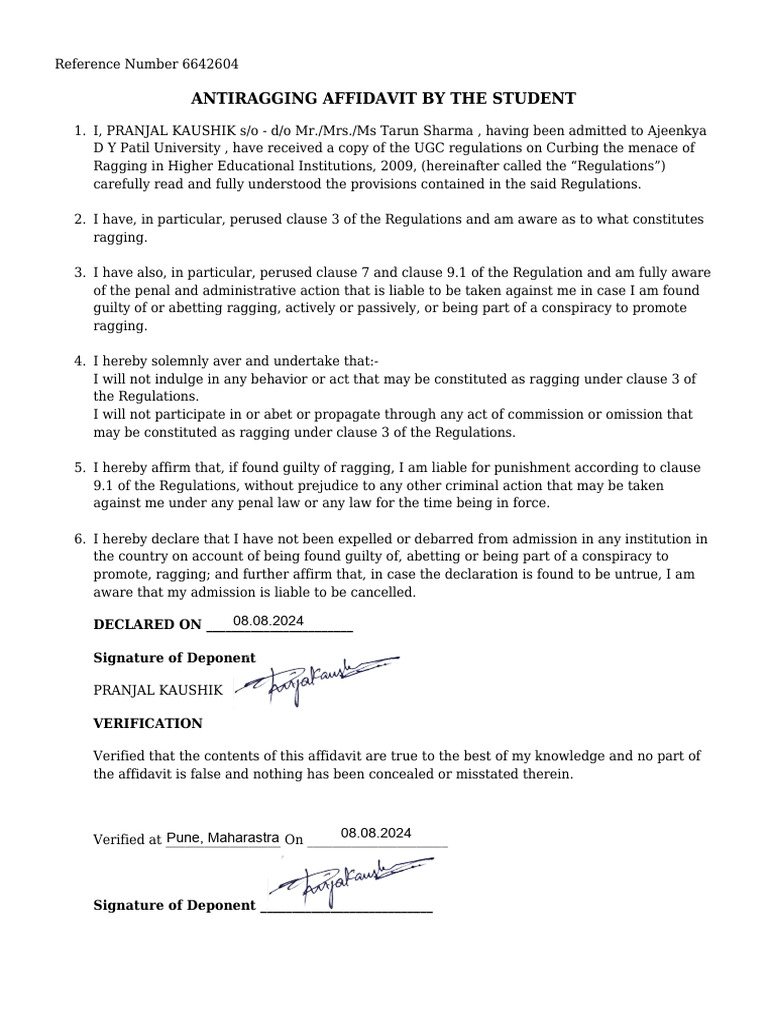 Antiragging Affidavit and Undertaking | PDF | Affidavit | Justice