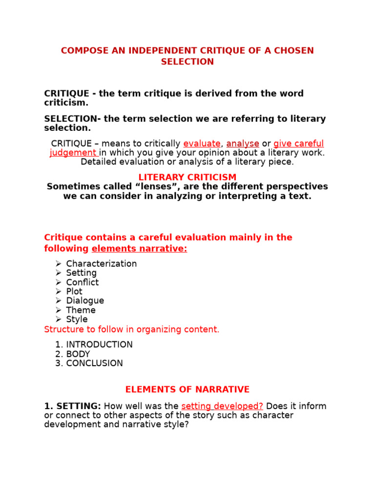 Handouts Compose A Independent Critique | PDF | Narrative | Critique