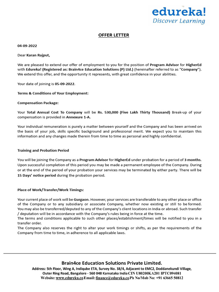 Offer Letter - Karan Rajput | PDF | Indemnity | Intellectual Property