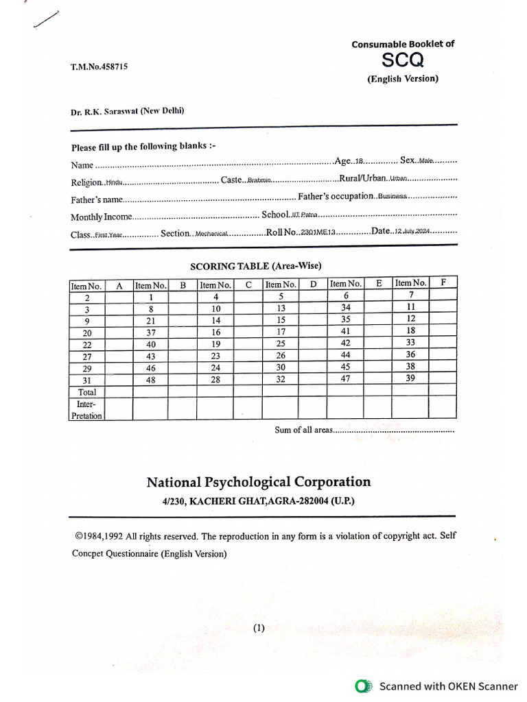 Consumable Booklet of SCQ | PDF