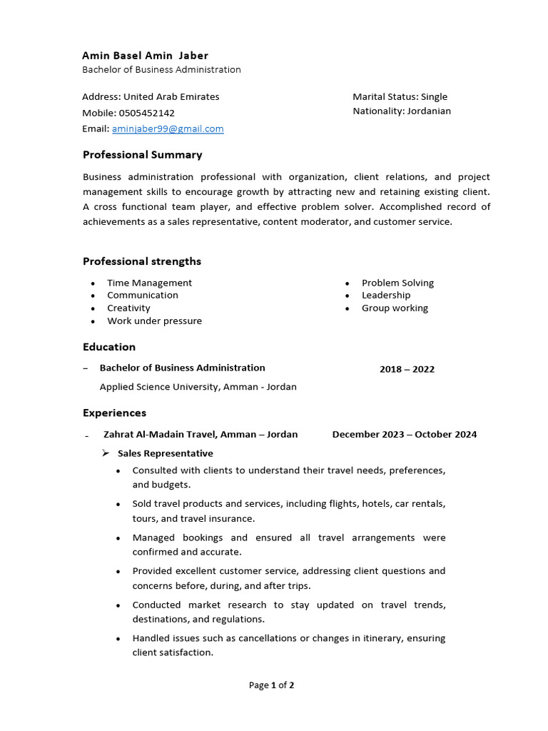 Business Administration Professional Profile | PDF | Jordan | Business