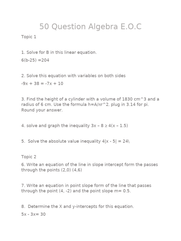 50 Algebra E.O.C Practice Questions | PDF | Equations | Elementary ...