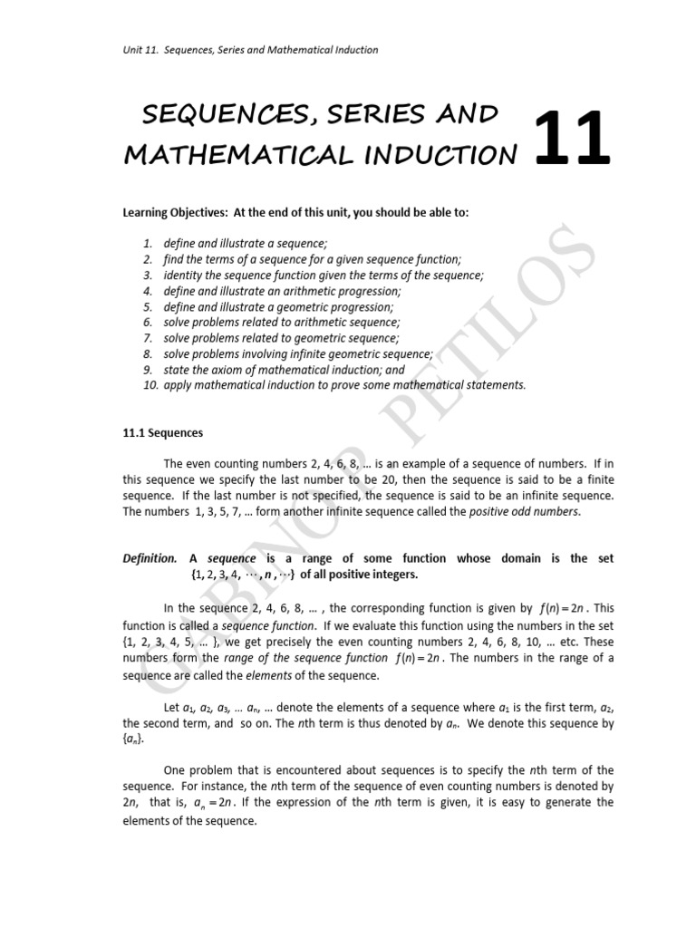 UNIT 11 SequencesSeries and Mathematical Induction | PDF | Function (Mathematics) | Sequence