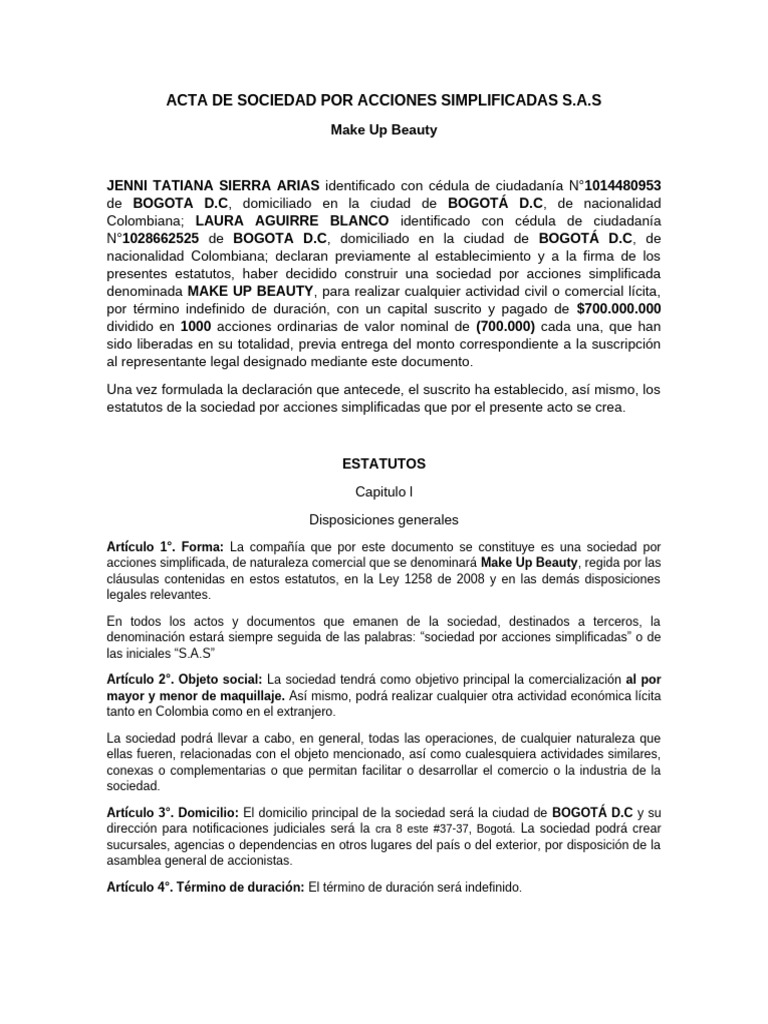 Acta de Sociedad Por Acciones Simplificadas | PDF | Sociedad de responsabilidad limitada ...