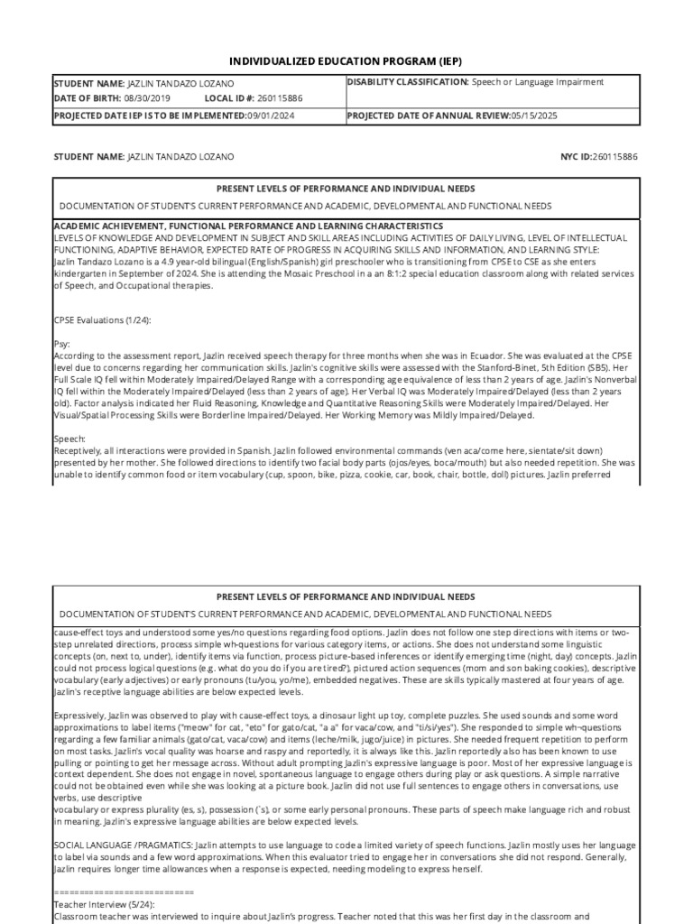 Individualized Education Program (IEP) For JAZLIN TANDAZO LOZANO ...