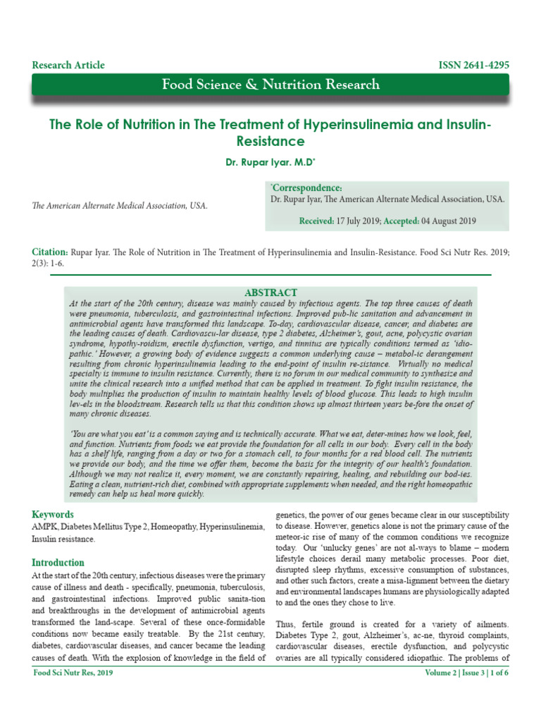 The Role of Nutrition in The Treatment of Hyperinsulinemia and ...