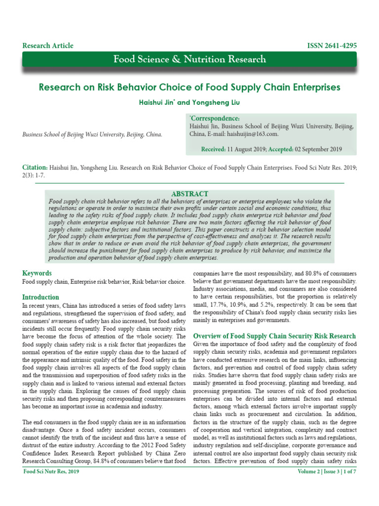 Research On Risk Behavior Choice of Food Supply Chain Enterprises | PDF ...