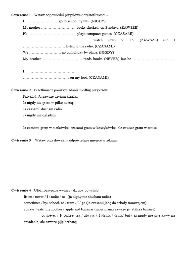 Przyslowki Czestotliwosci - Zadanie Domowe Dodatkowe | PDF