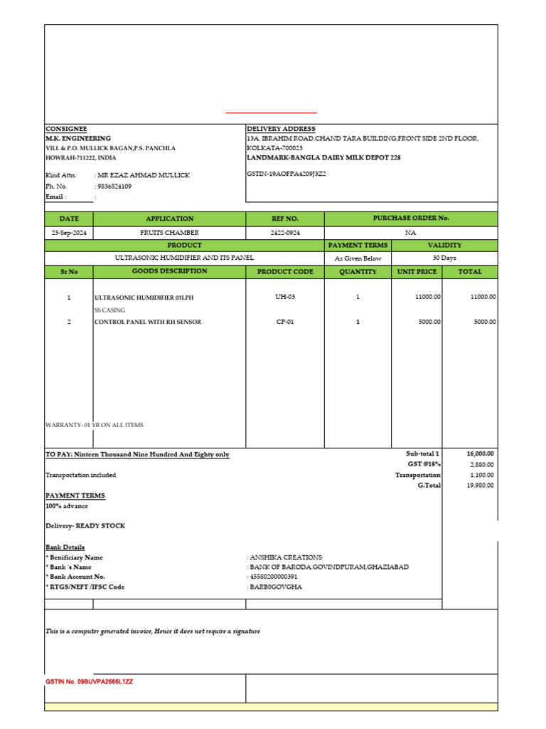 2422-0924 M.K. Engineering, Howrah | PDF | Business Documents