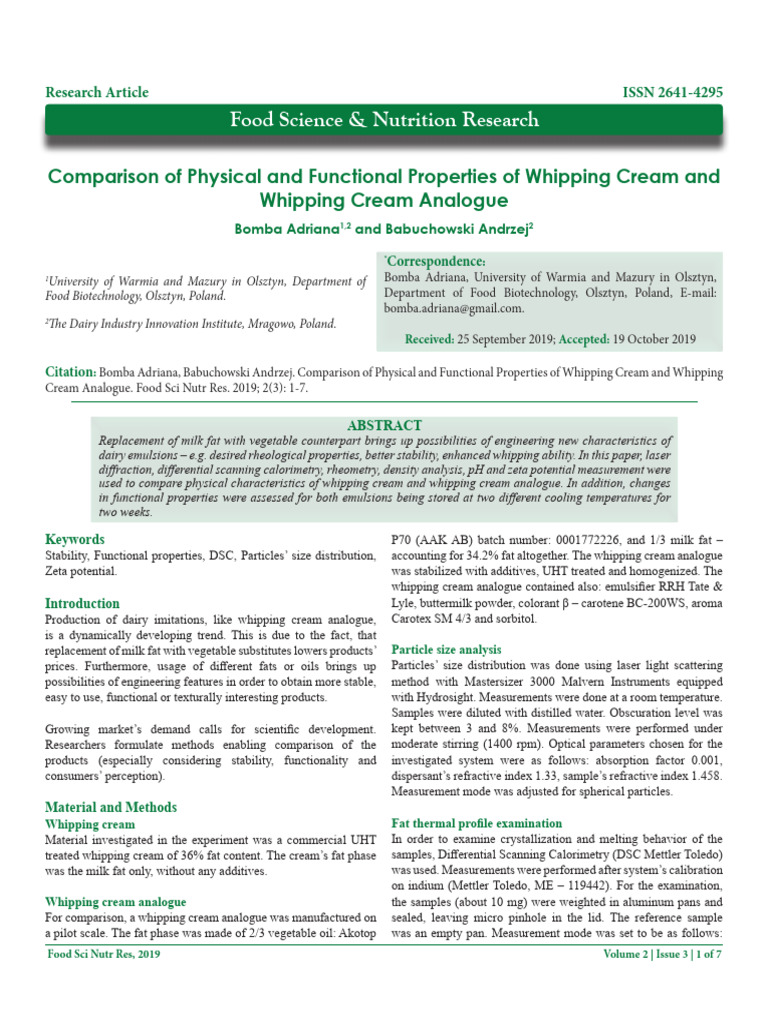 Comparison of Physical and Functional Properties of Whipping Cream and Whipping Cream Analogue ...
