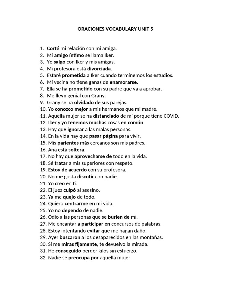 Oraciones Vocabulary Unit 5 | PDF