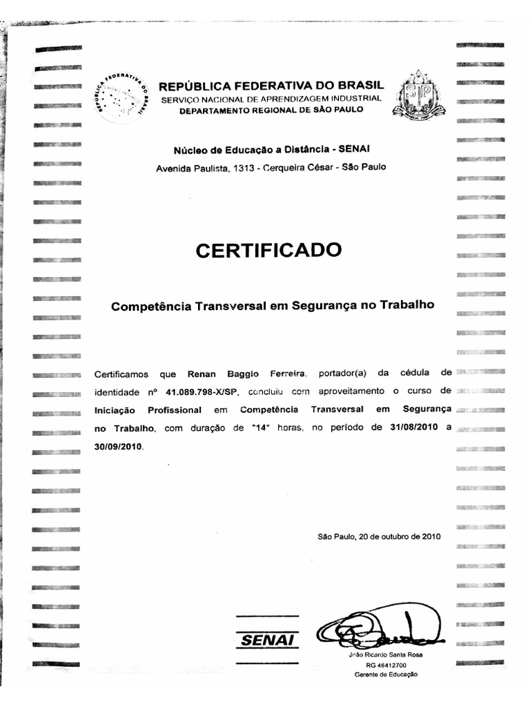 Certificado de Treinamento - Competência Transversal em Segurança No ...