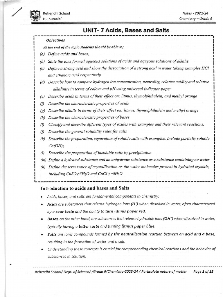 Unit 7 - Acids, Bases and Salts | PDF