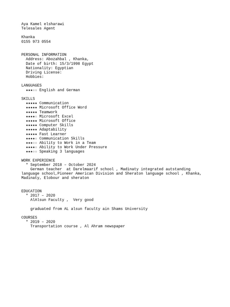 Aya Kamel Elsharawi - Resume - Telesales Agent | PDF | Career & Growth