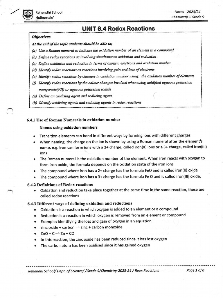 Unit 6.4 - Redox Reaction | PDF