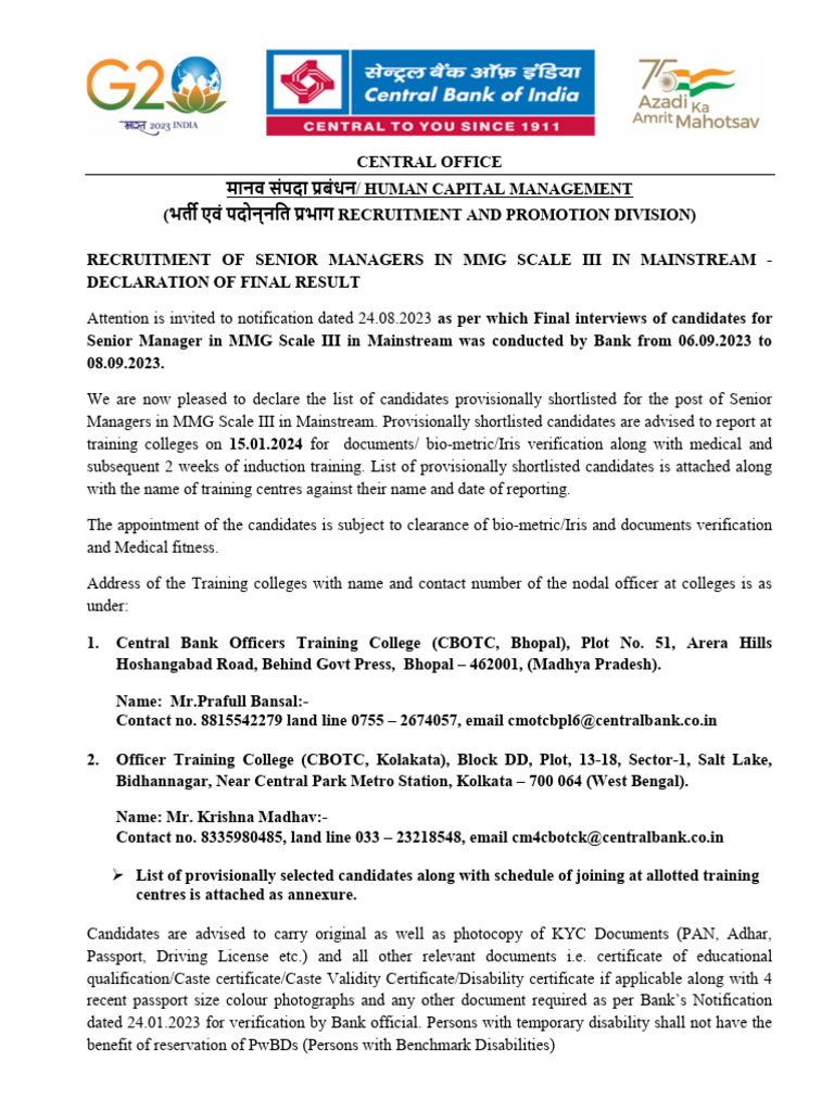 Notification of Recruitment of Senior Managers in MMG Scale III in Mainstream - Declaration of ...