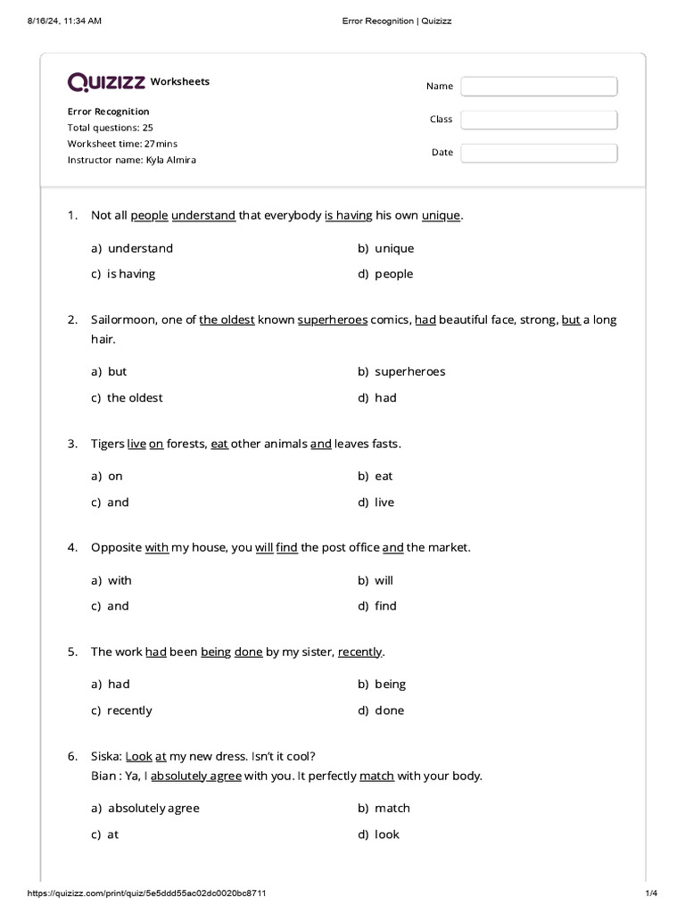 Error Recognition - Quizizz | PDF
