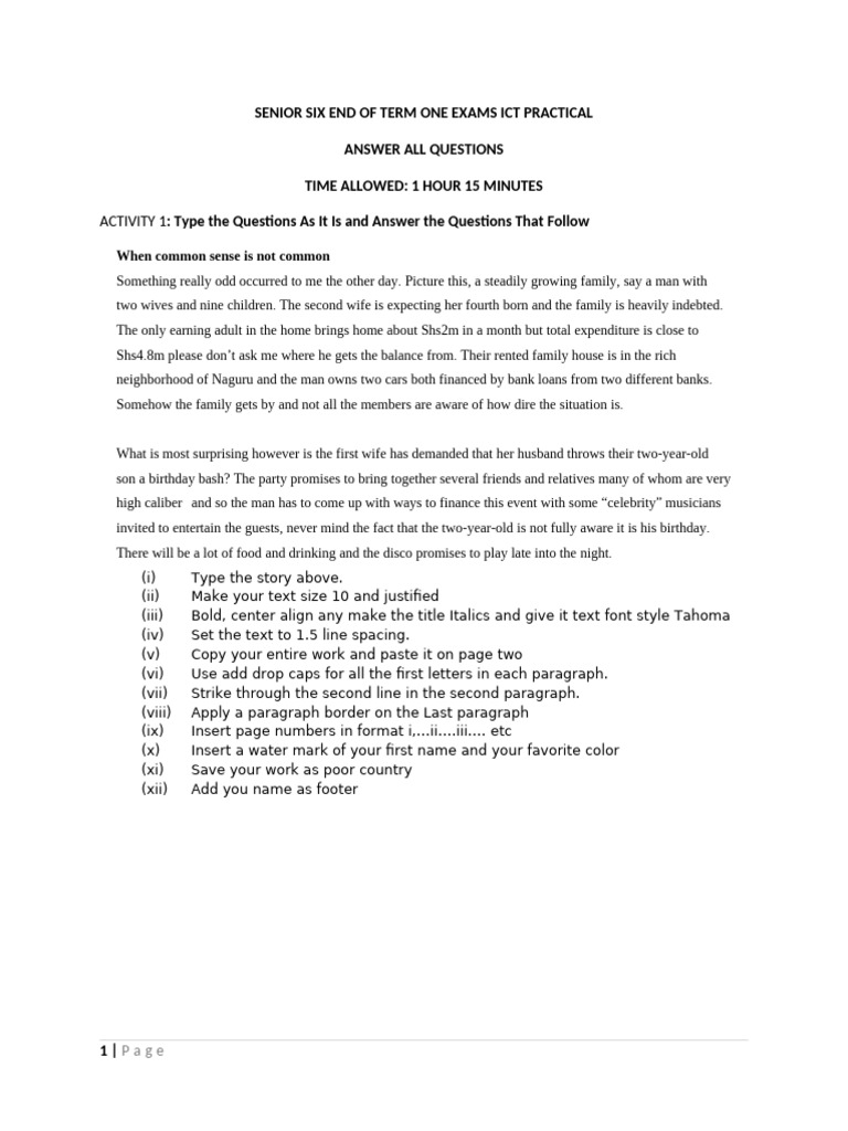 Senior Six ICT Practical Exam Guide | PDF