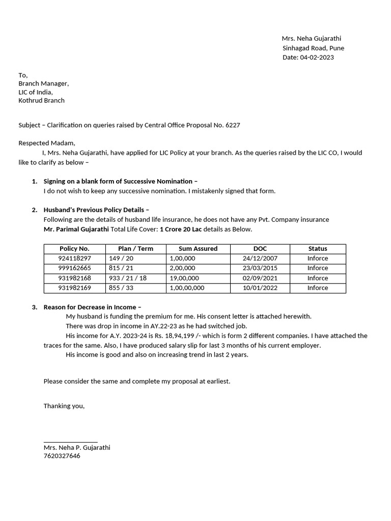 LIC Proposal Clarification by Neha Gujarathi | PDF