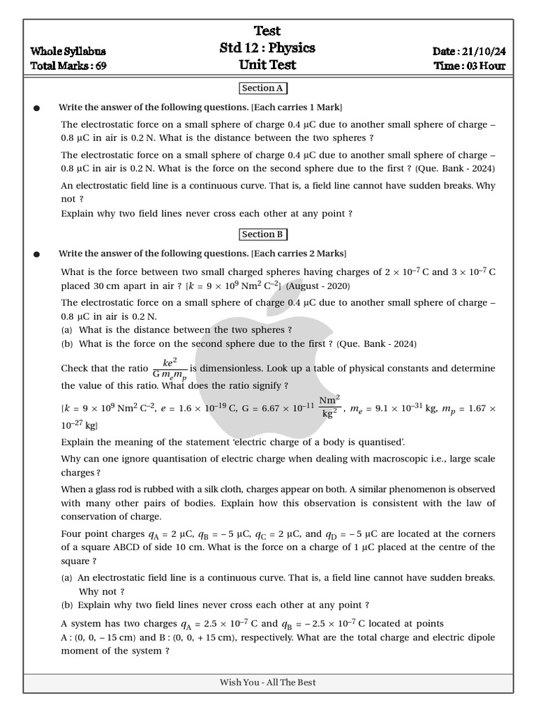 Class 12 CH 1 Textual Exercise Answersheet | PDF | Electric Field ...