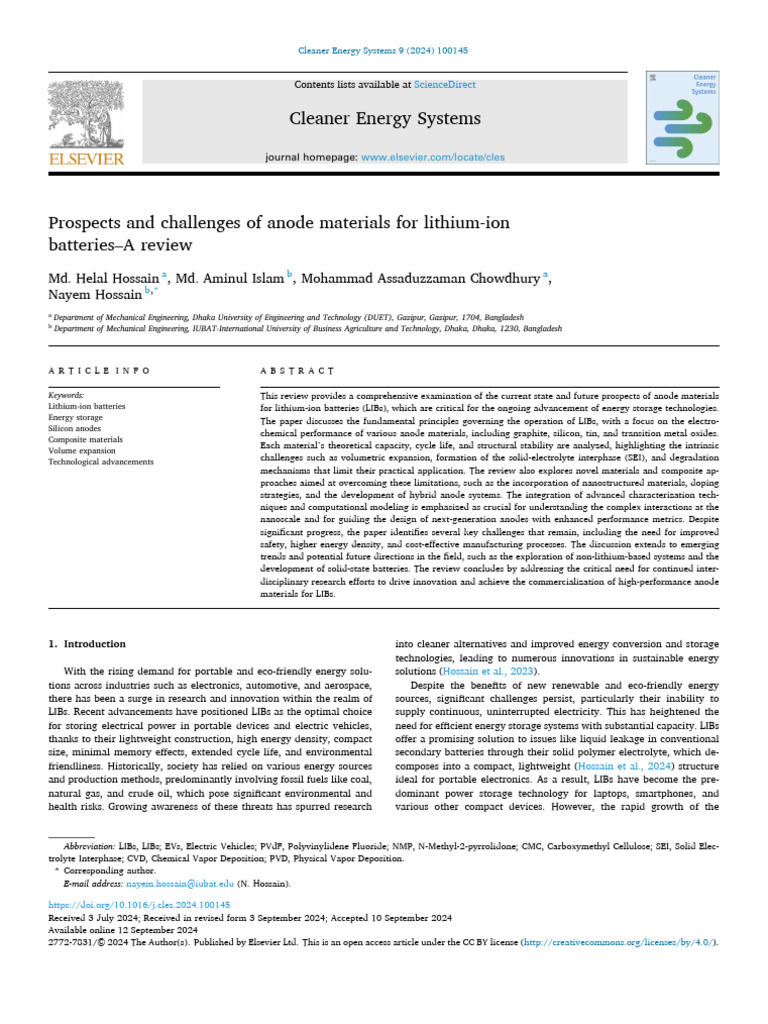 Prospects and challenges of anode materials for LIB - Hossain | PDF | Lithium Ion Battery | Graphene