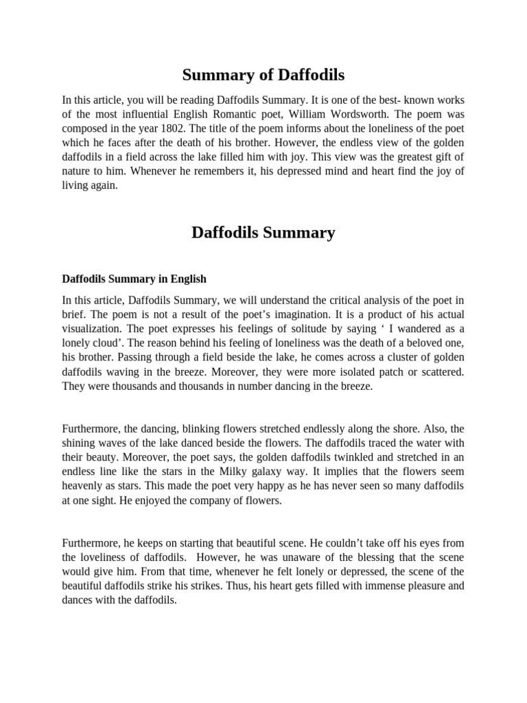 Daffodils Summary PDF Loneliness Poetry