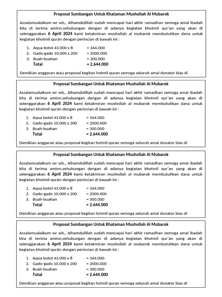 Proposal Sumbangan Untuk Khataman Mushollah Baitul Muttaqien | PDF ...