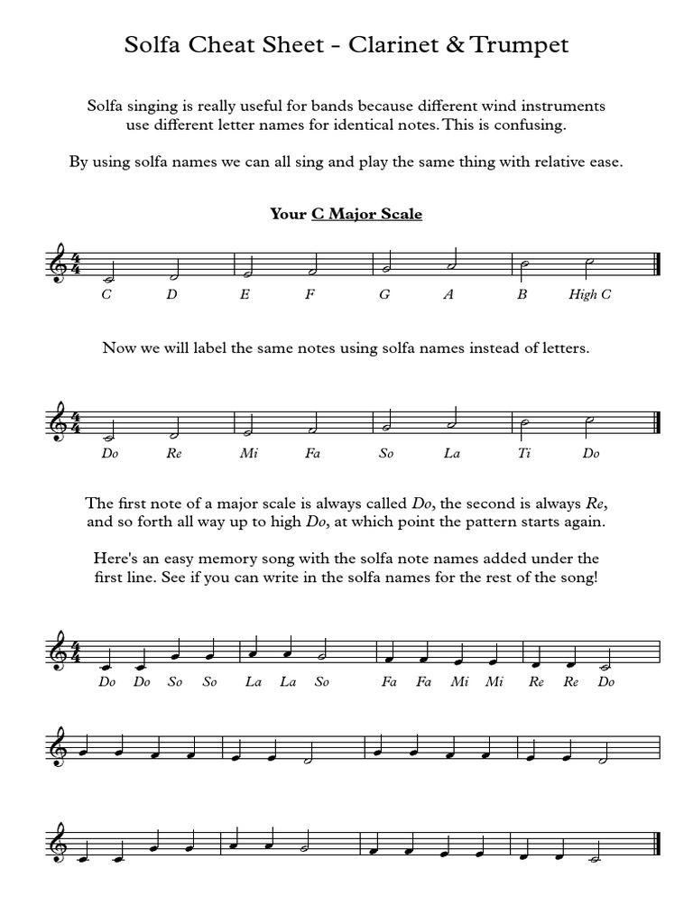 Solfa Cheat Sheet - Clarinet Trumpet | PDF