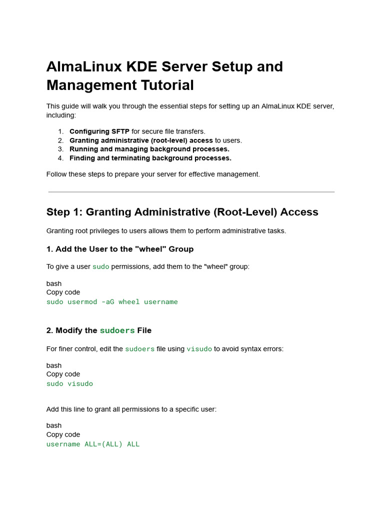 AlmaLinux KDE Server Setup and Management Tutorial | PDF | Secure Shell | Sudo