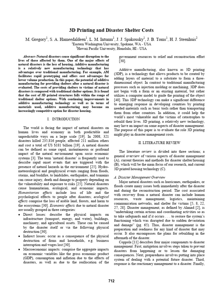 2016 - 3D Printing and Disaster Shelter Costs | PDF | Natural Disasters ...