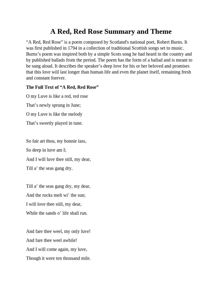 A Red, Red Rose Summary and Theme | PDF | Language Arts & Discipline ...