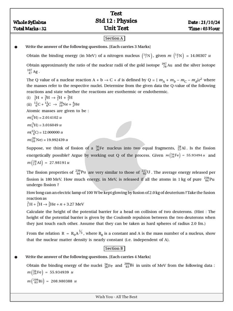 Class 12 CH - 13 Physics Textual Exercise Answer Key | PDF | Nuclear Fusion | Nuclear Reaction