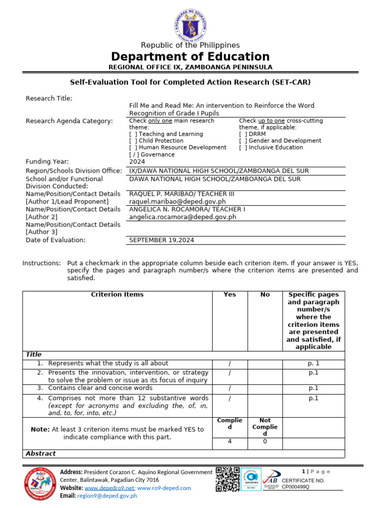 Self-Evaluation-Tool-Completed-AR | PDF | Qualitative Research | Survey ...