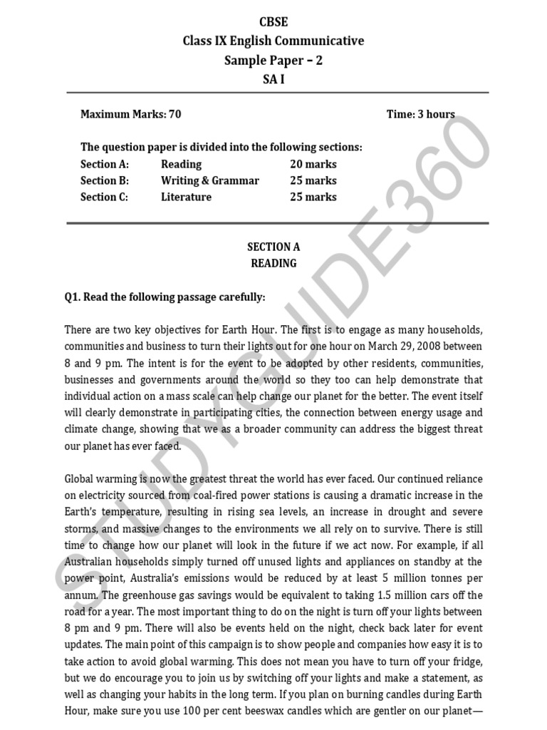 Class 9 English Communicative Sa1 Sample Paper 2 Questions | PDF ...
