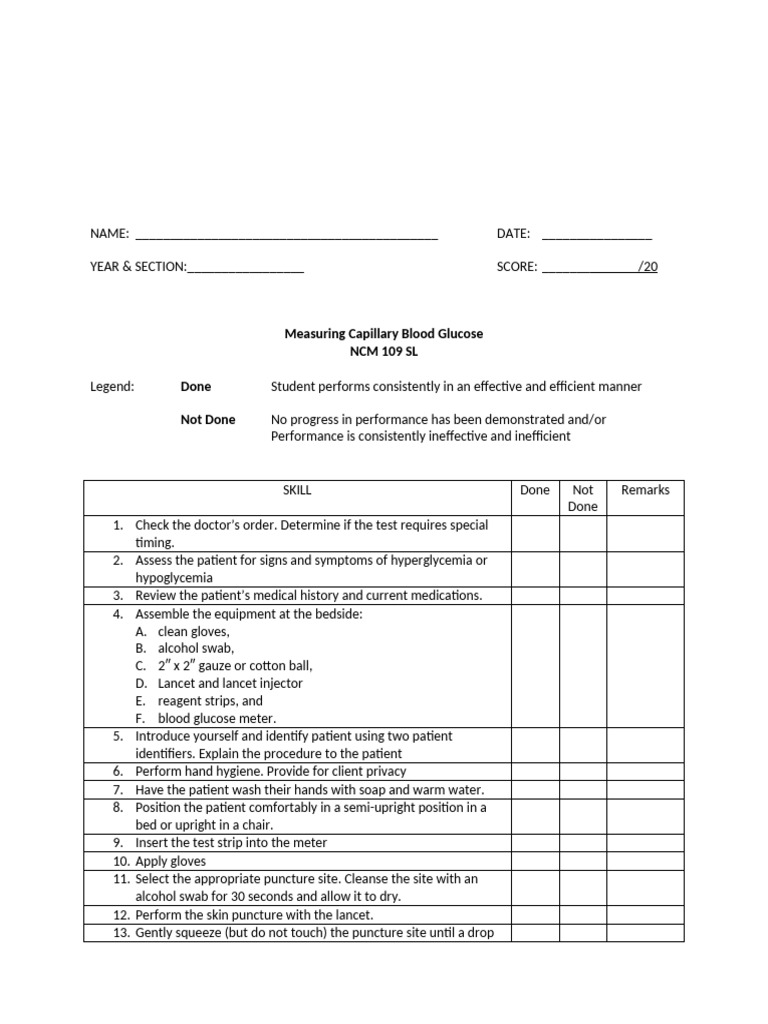 Performance Checklist - Measuring Capillary Blood Glucose | PDF | Hand ...