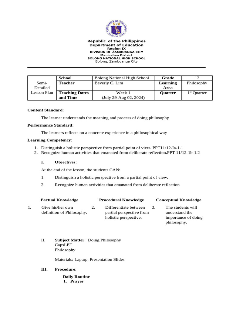W1 LP in Philosopy-July 29-Aug 2, 2024 | PDF | Experience | Holism