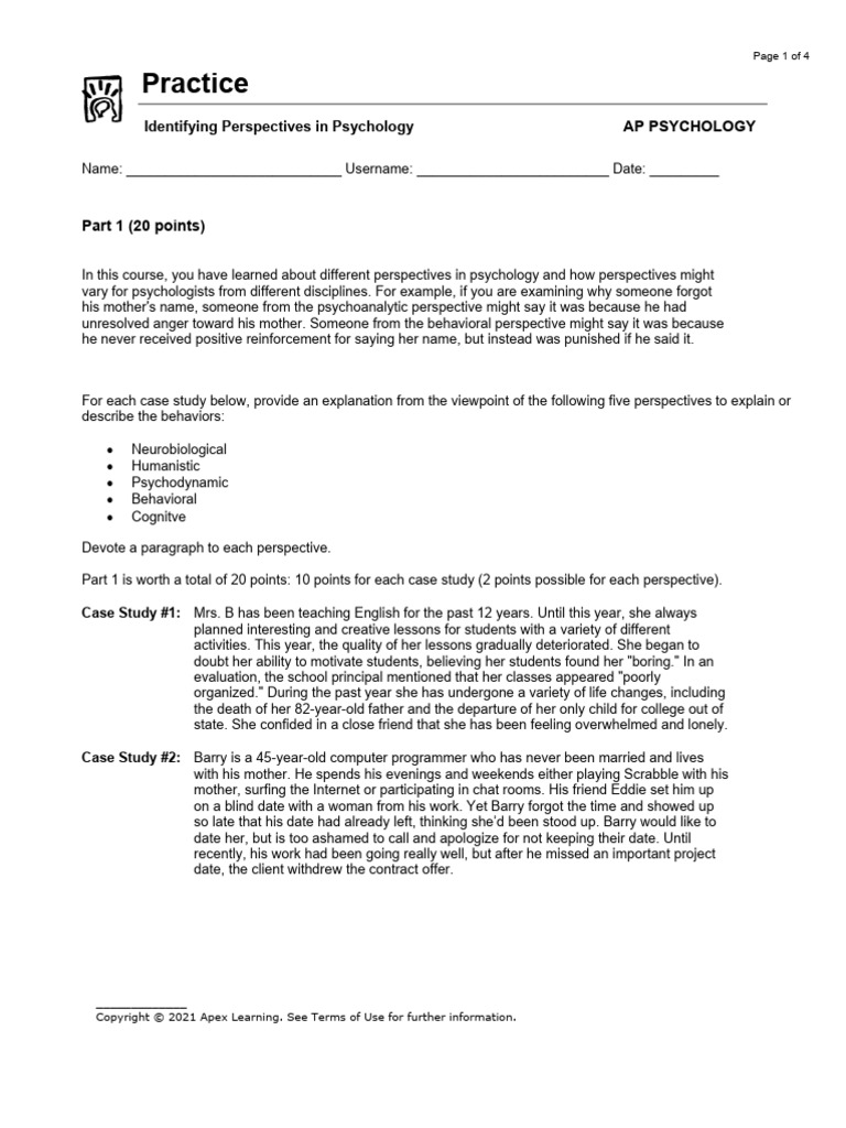 Identifying Perspectives in Psychology - UNIT 1 PRACTICE | PDF ...