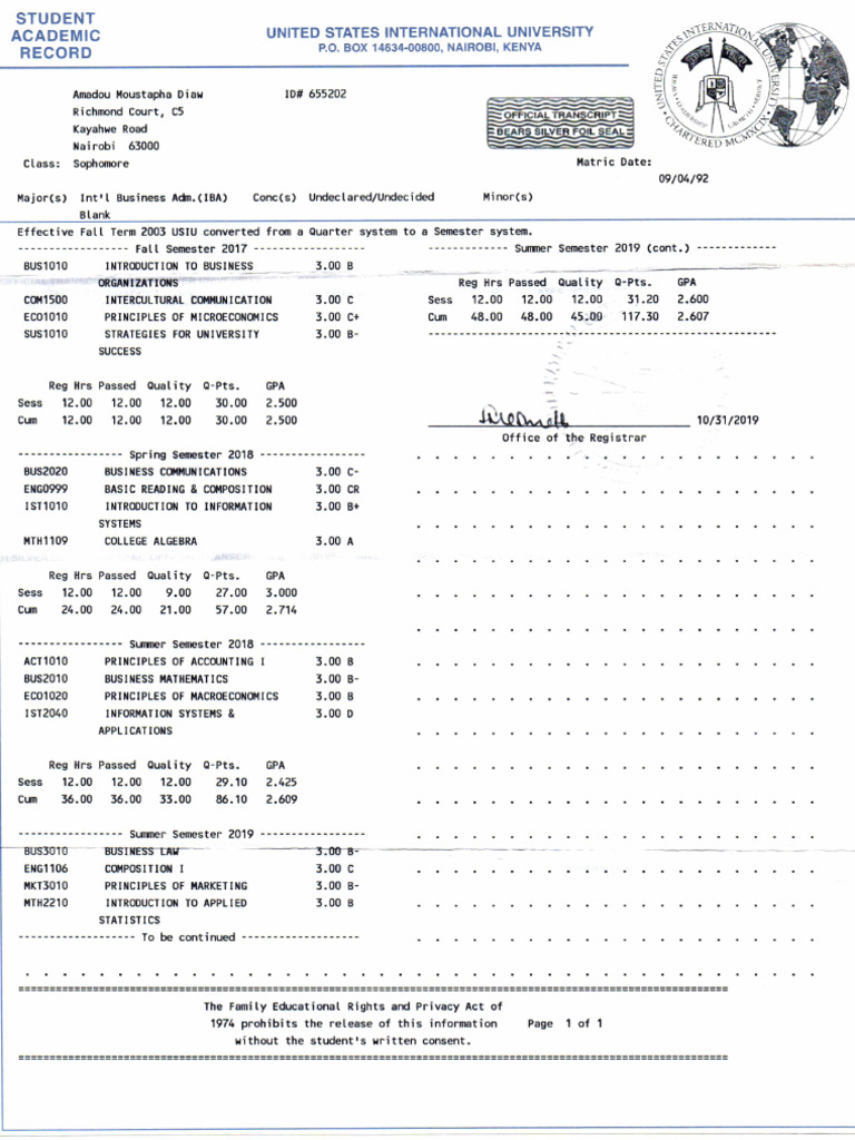 USIU Transcripts Moustapha Diaw | PDF