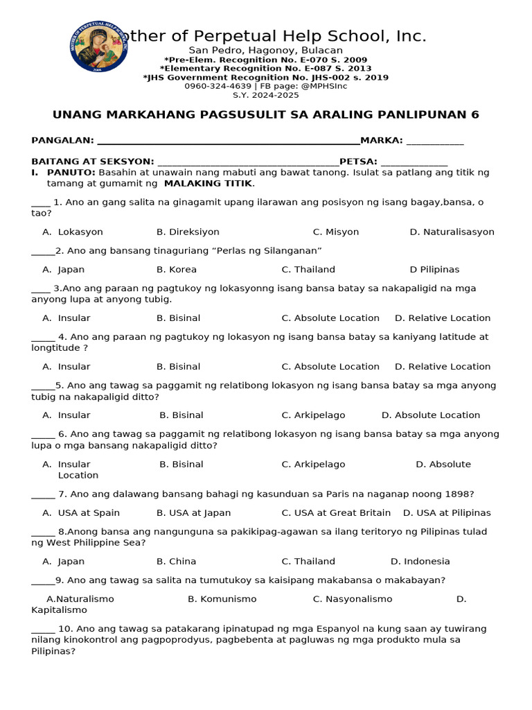 Unang Markahan Pagsusulit AP 6 | PDF