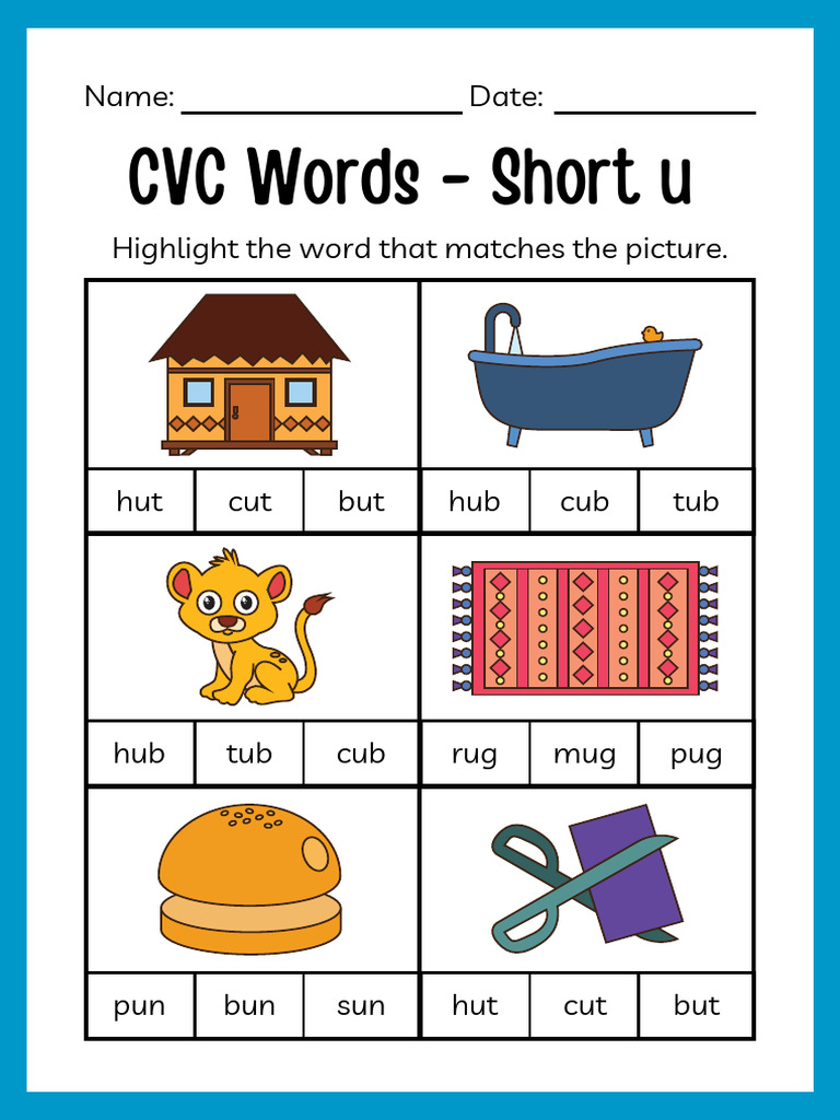 CVC Short Vowel U Worksheet For Kindergarten Reading - 20240911 ...